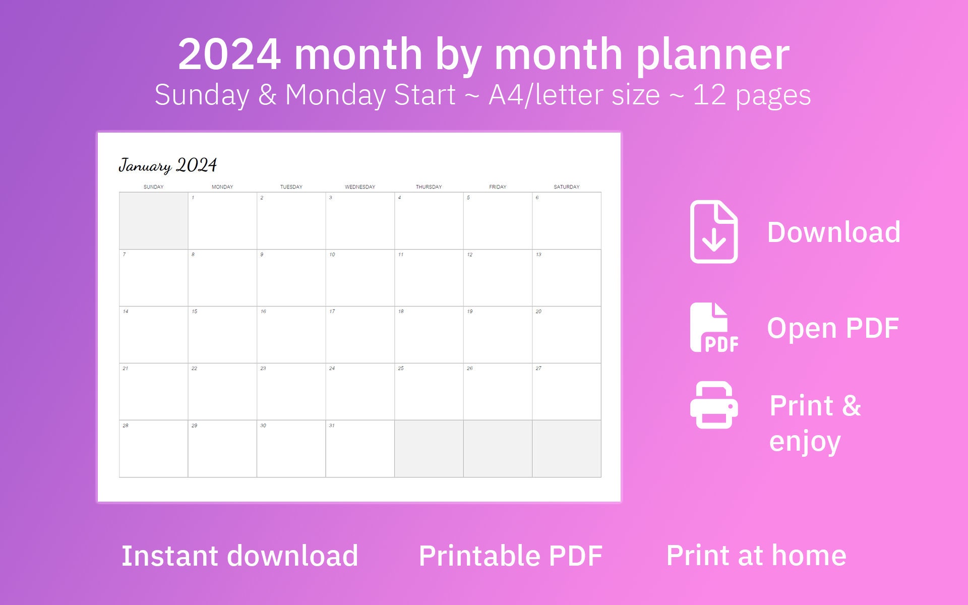 2024 Instant Download Printable Monthly Planner Calendar 2024 Month by ...