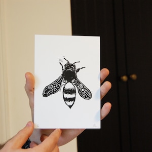 Bee Linocut Print: Floral Wings, Handprinted Nature Art - Etsy