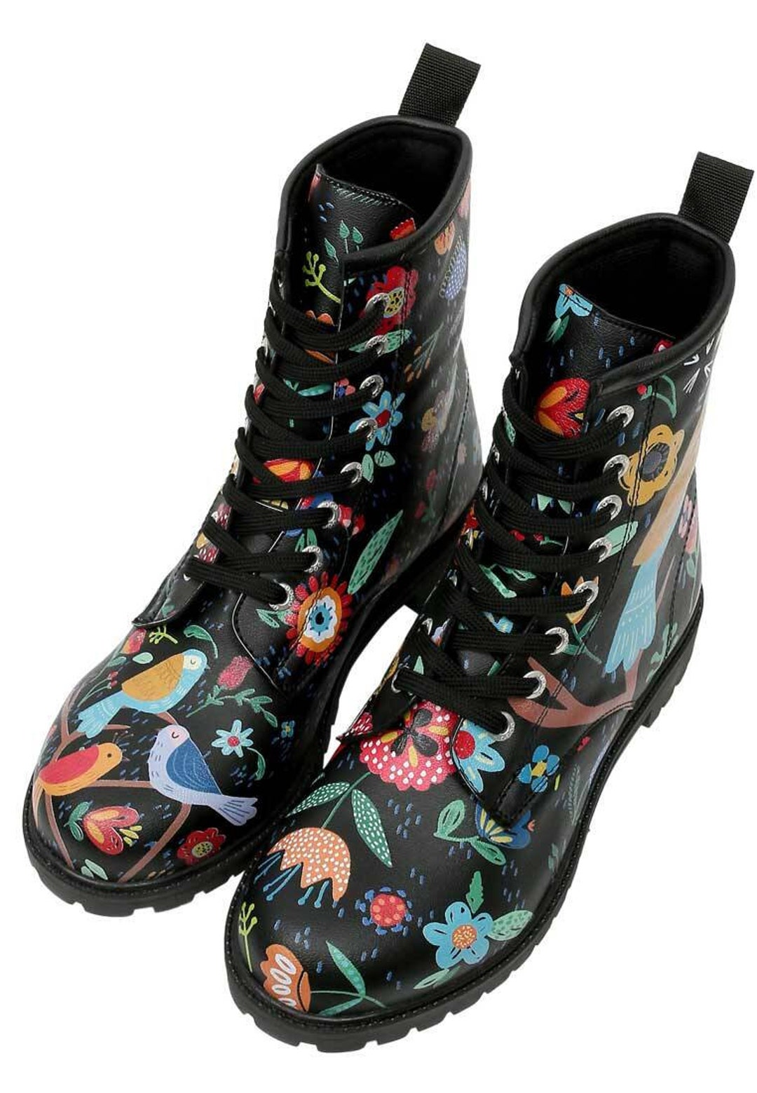 DOGO, Women Long Boot, Flower & Birds Design, Black Lace up Boot ...