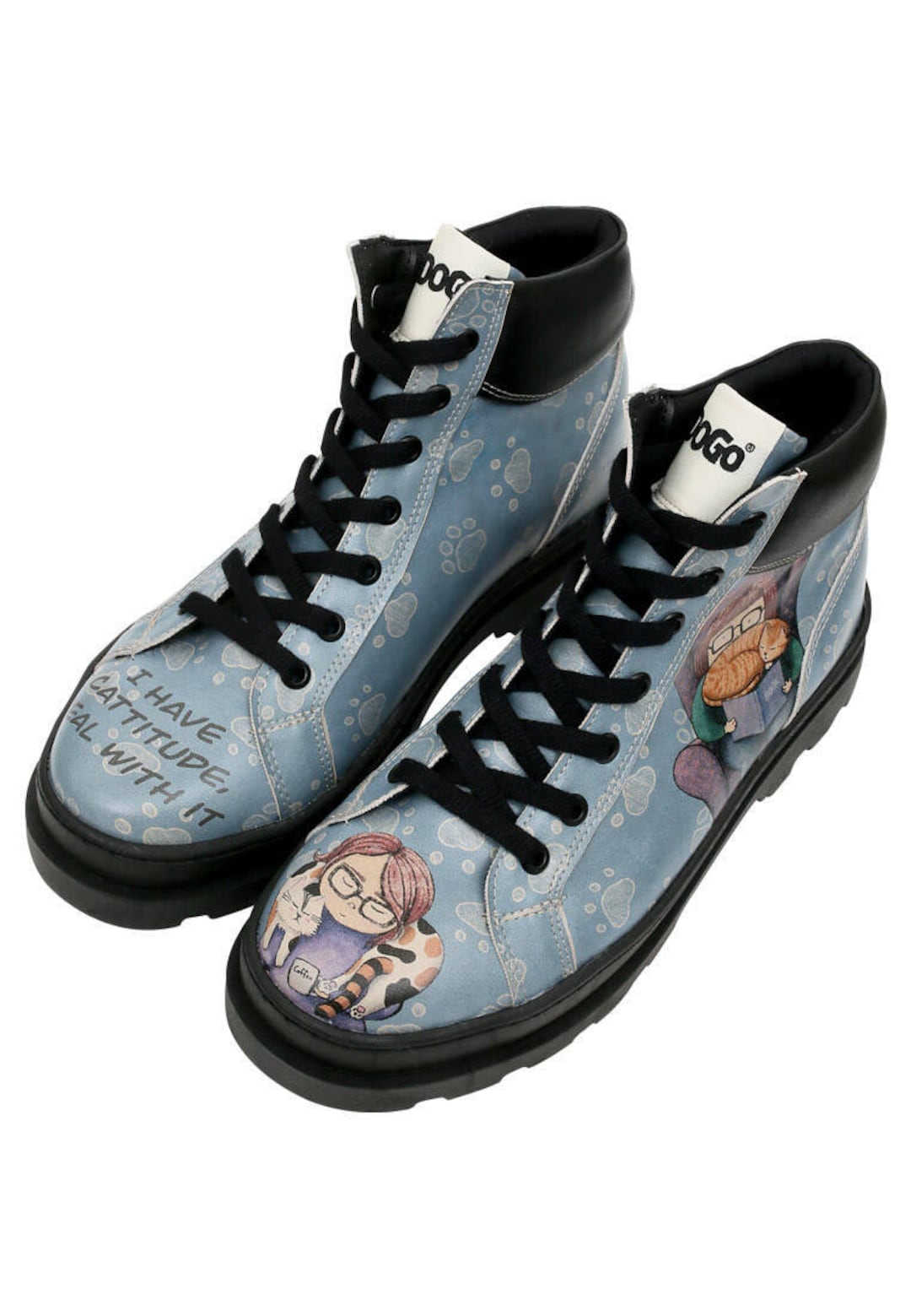 DOGO, Adriana I Have Cattitude, Blue Ankle Boots, Cat Printed Custom ...
