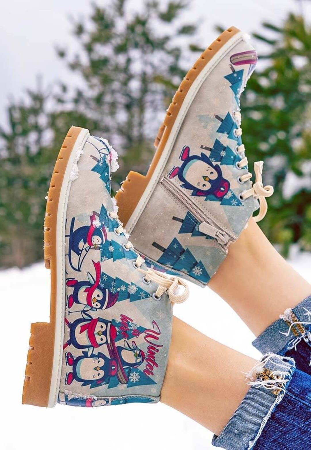 DOGO, Winter is Here Shortcut Boots, Beige Ankle Boots, Penguin Figured ...