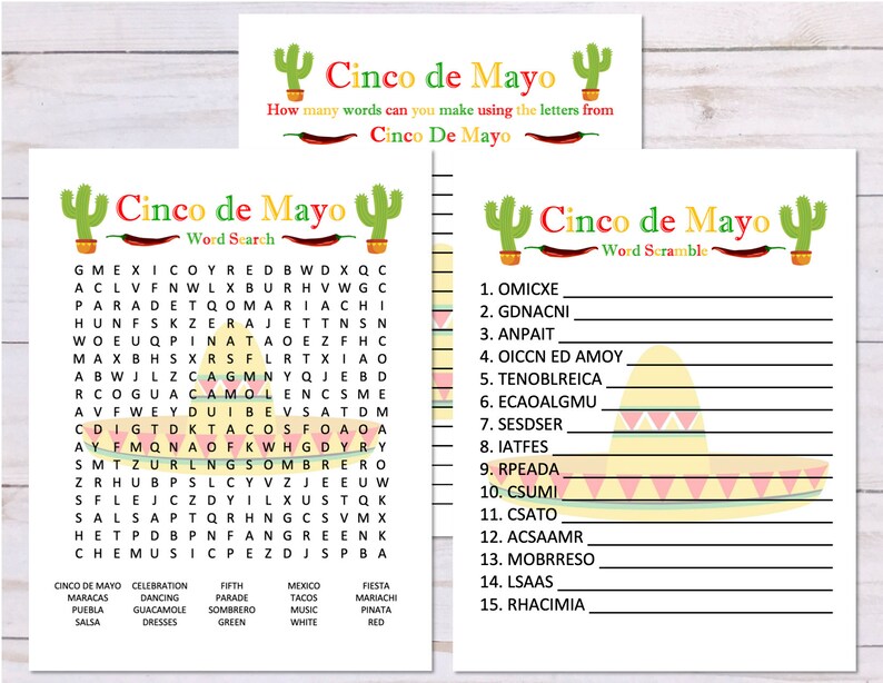 Set of 3 Cinco De Mayo Games, Word Search, Word Scramble, Anagram ...