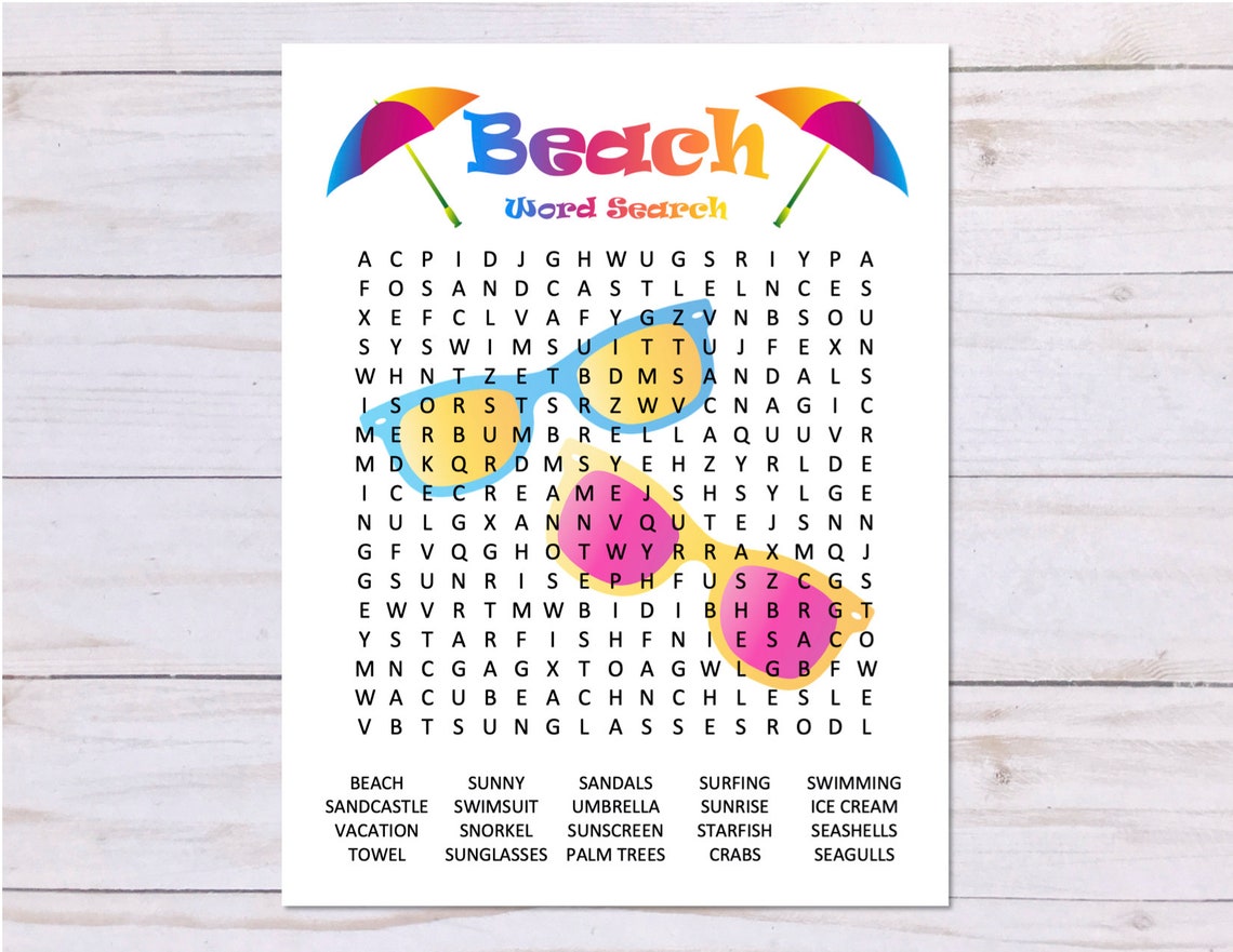 Set of 2 Beach Word Games, Word Search and Word Scramble, Beach Party ...