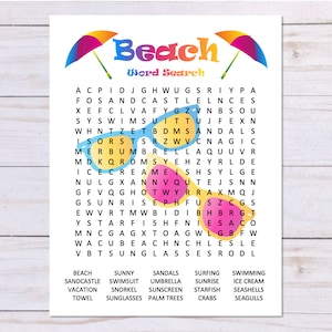 Set of 2 Beach Word Games, Word Search and Word Scramble, Beach Party ...