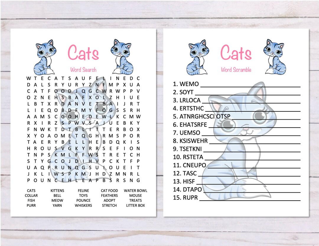 Set of 2 Cat Word Games, Word Search, Word Scramble, Cat Party Game ...