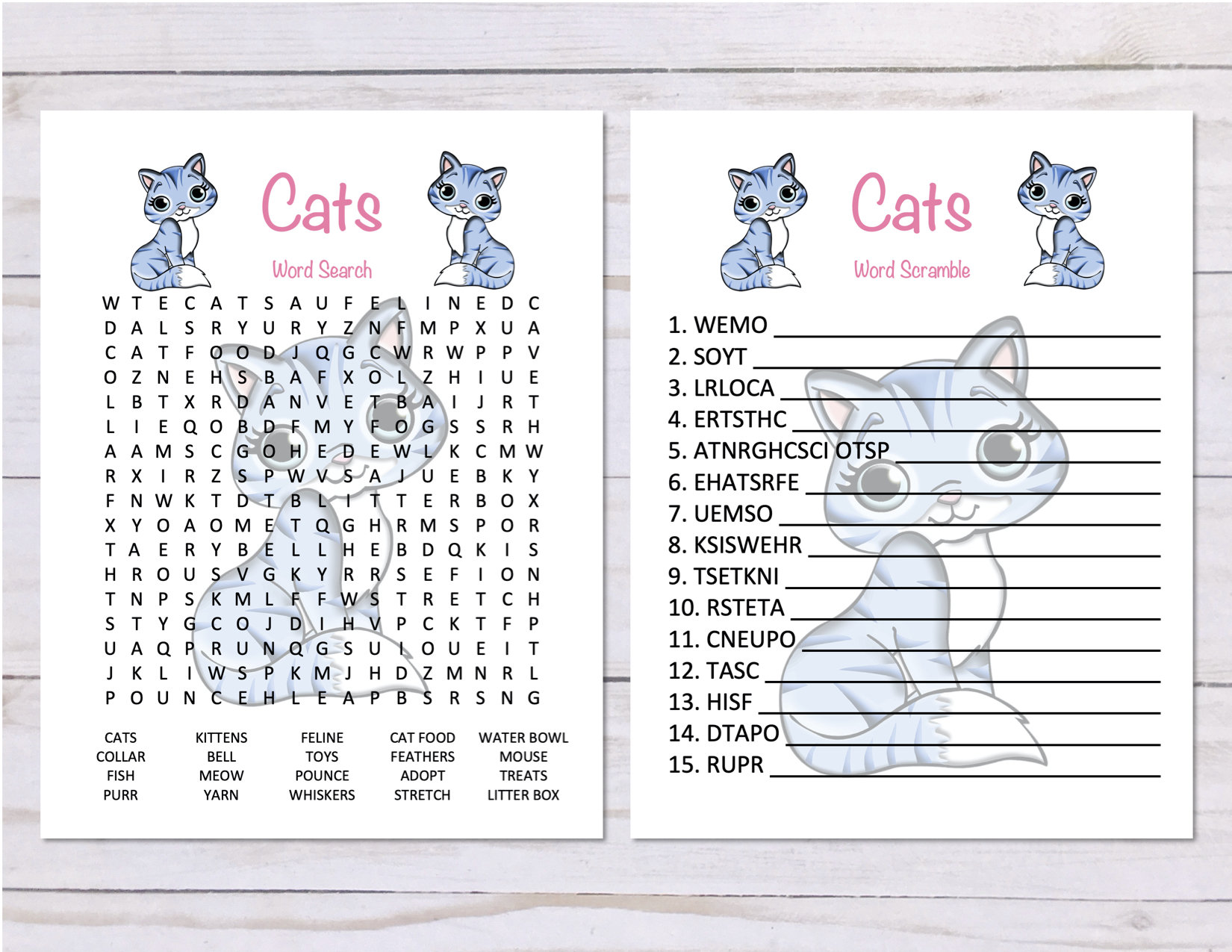 Set of 2 Cat Word Games, Word Search, Word Scramble, Cat Party Game ...