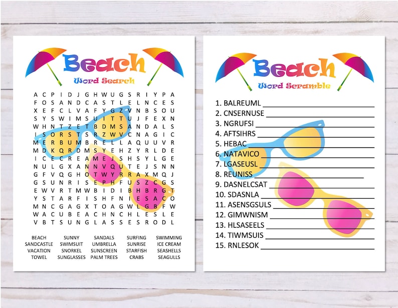 Set of 2 Beach Word Games, Word Search and Word Scramble, Beach Party ...