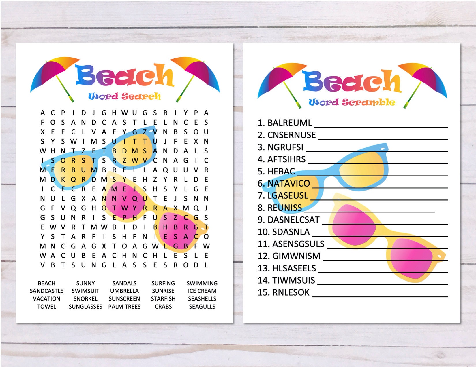 Set of 2 Beach Word Games, Word Search and Word Scramble, Beach Party ...