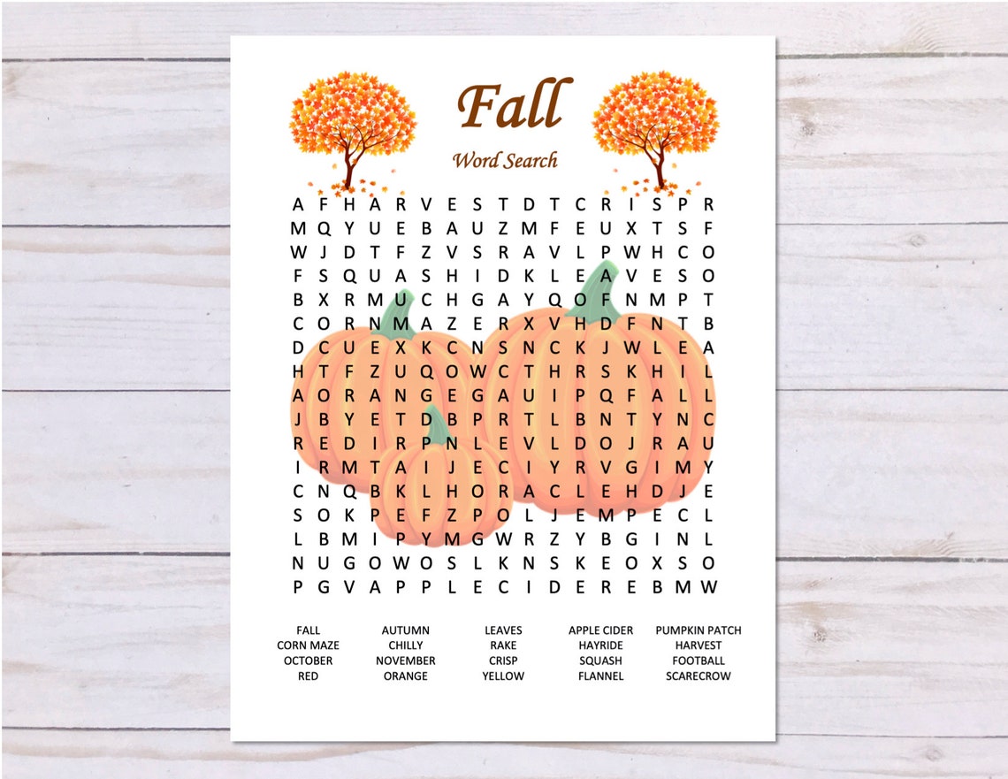 Set of 2 Fall Word Games, Word Search and Word Scramble, Autumn Party ...