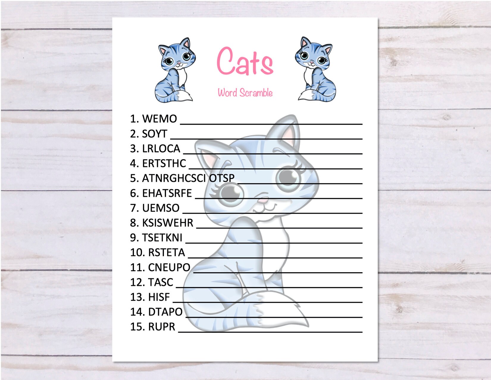 Set of 2 Cat Word Games, Word Search, Word Scramble, Cat Party Game ...