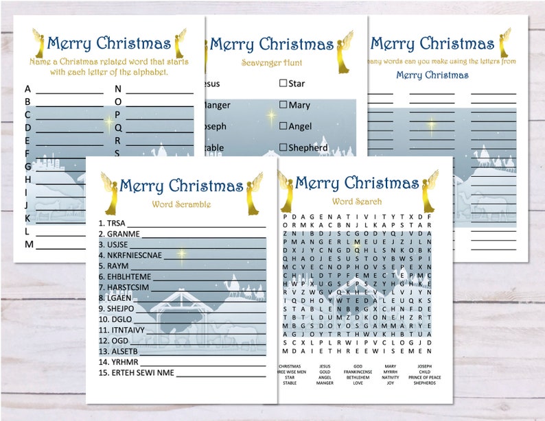 Set of 5 Merry Christmas Games, Word Search, Word Scramble, Anagram ...