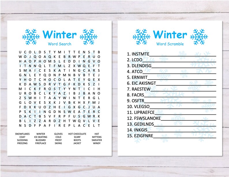 Set of 2 Winter Games, Word Search and Word Scramble, Instant Download ...
