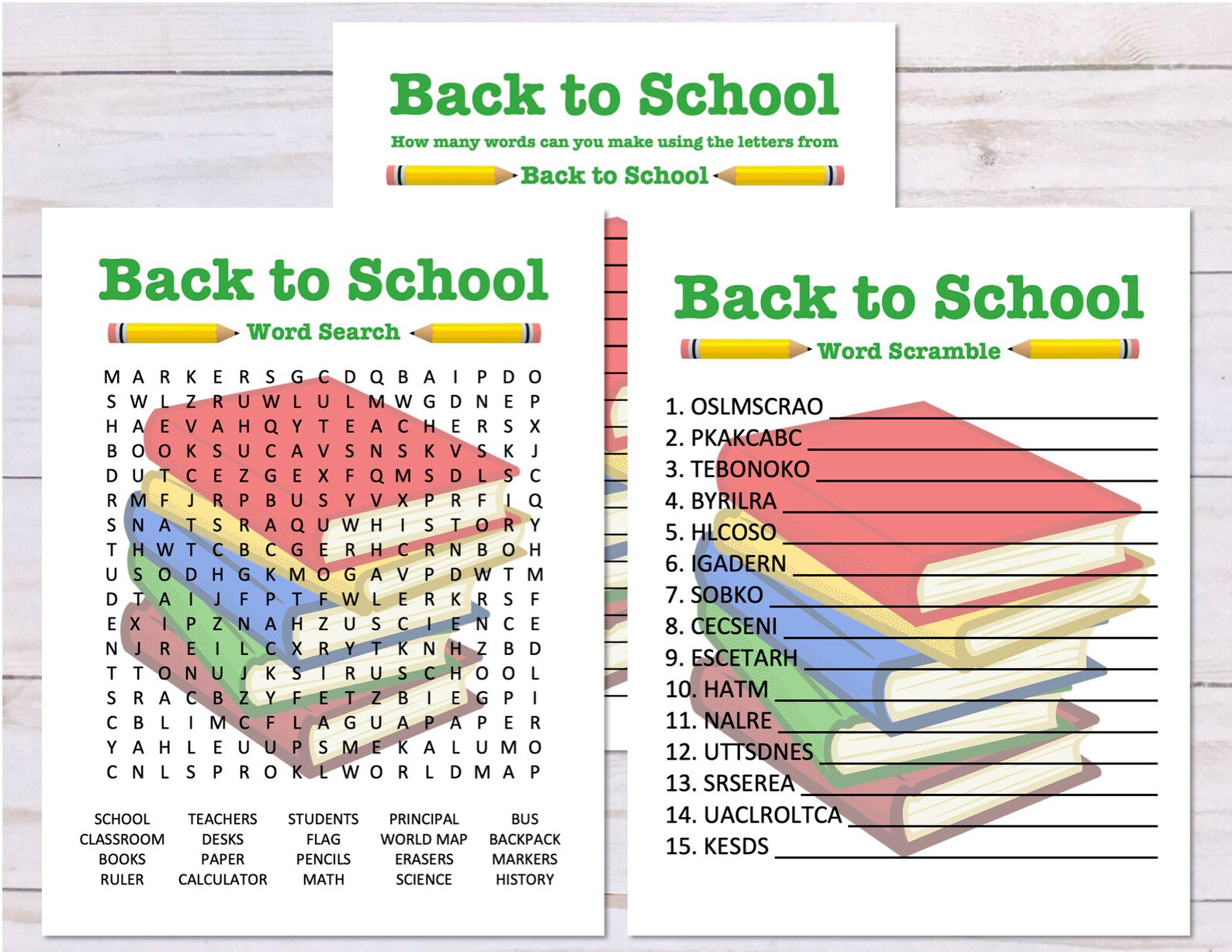 Set of 3 Back to School Printable Games Word Search, Word Scramble ...