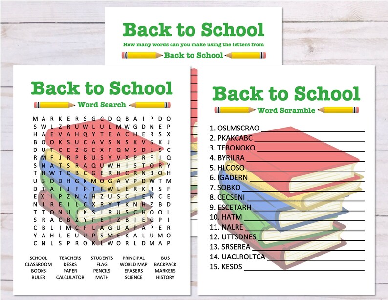 Set of 3 Back to School Printable Games Word Search, Word Scramble ...