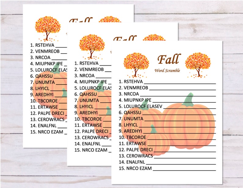 Set of 2 Fall Word Games, Word Search and Word Scramble, Autumn Party ...