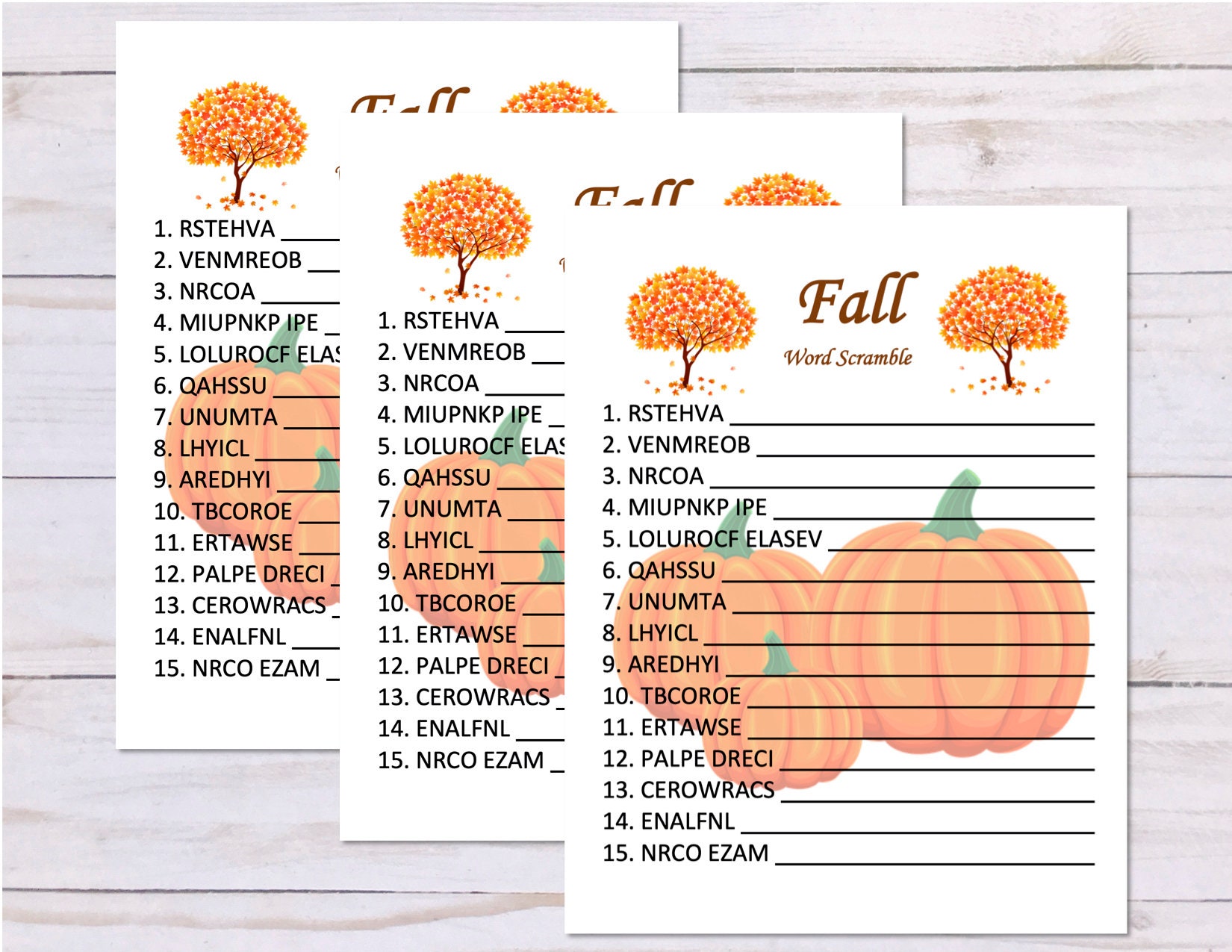Set of 2 Fall Word Games, Word Search and Word Scramble, Autumn Party ...