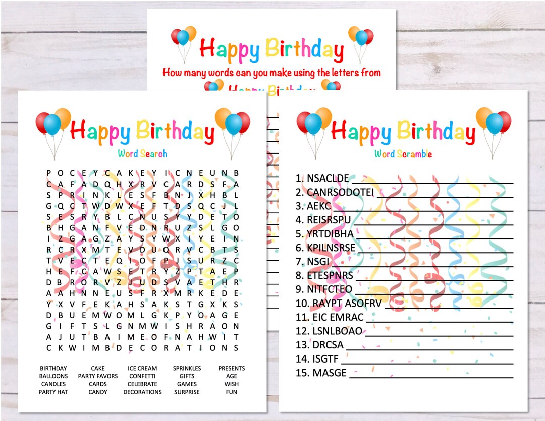 Set of 3 Birthday Games, Word Search, Word Scramble, Anagram, Happy ...