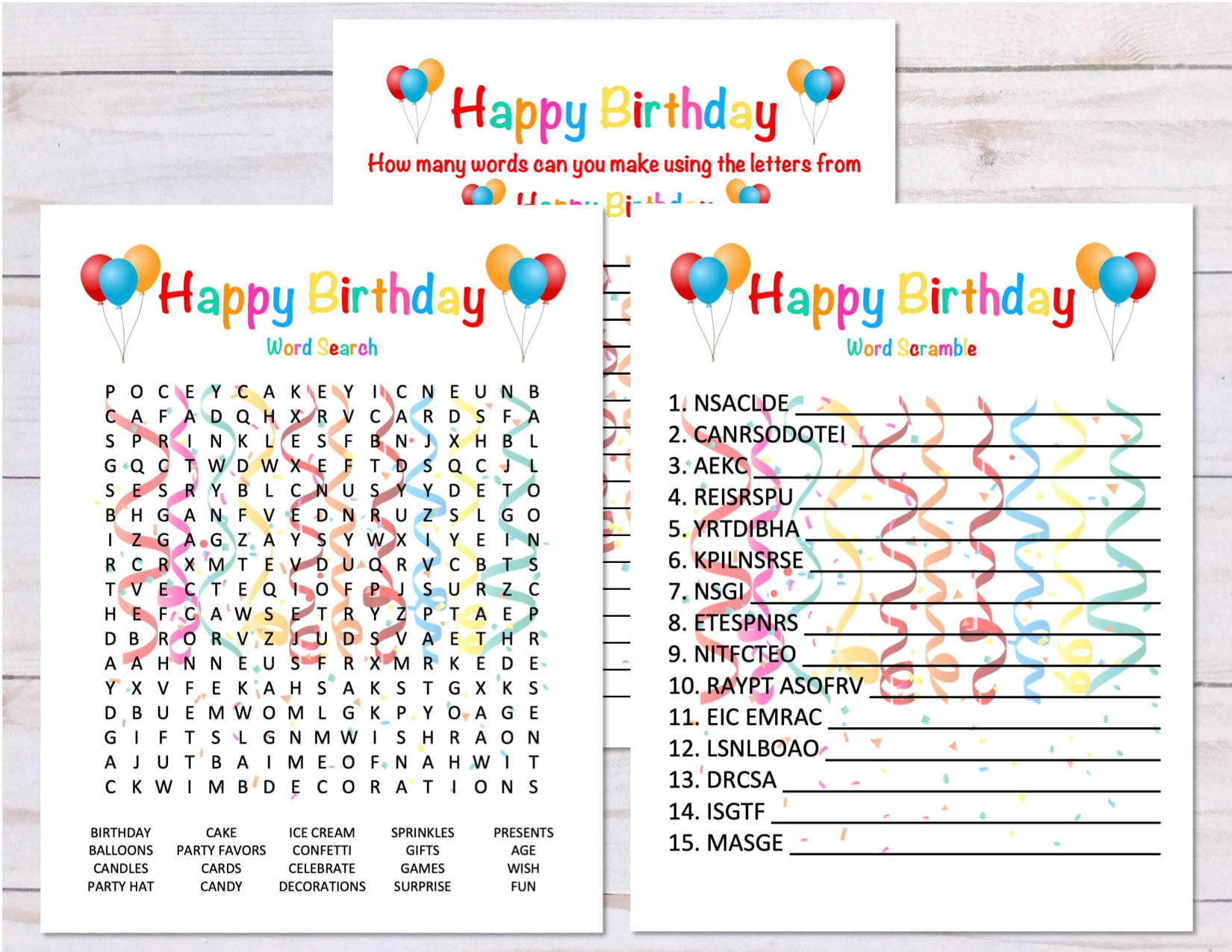 Set of 3 Birthday Games, Word Search, Word Scramble, Anagram, Happy ...