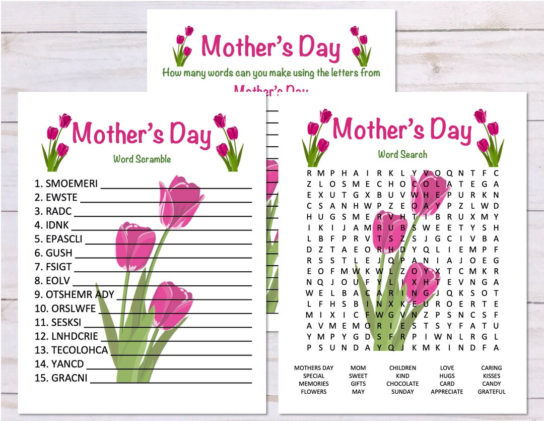 Set of 3 Mother's Day Word Games, Word Search, Word Scramble, Anagram ...