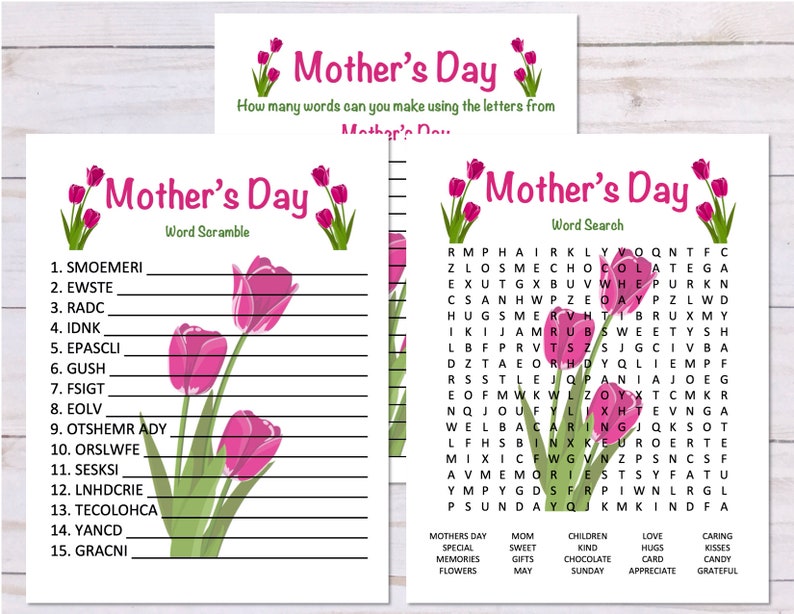 Set of 3 Mother's Day Word Games, Word Search, Word Scramble, Anagram ...