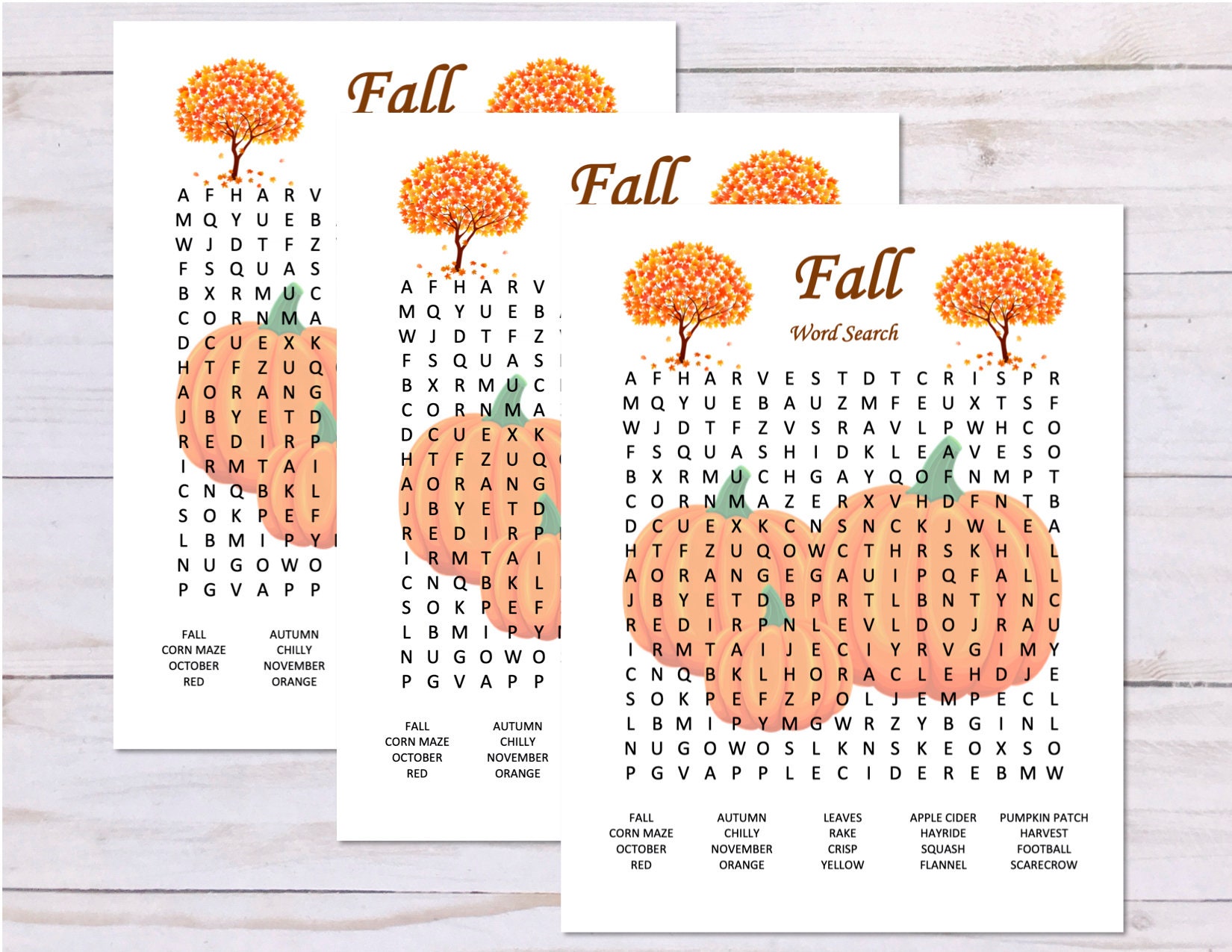 Set of 2 Fall Word Games, Word Search and Word Scramble, Autumn Party ...