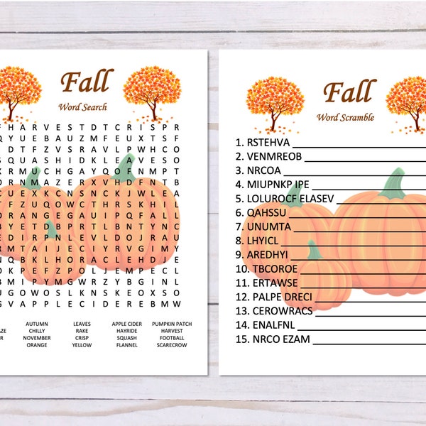 Set of 2 Fall Word Games, Word Search and Word Scramble, Autumn Party ...