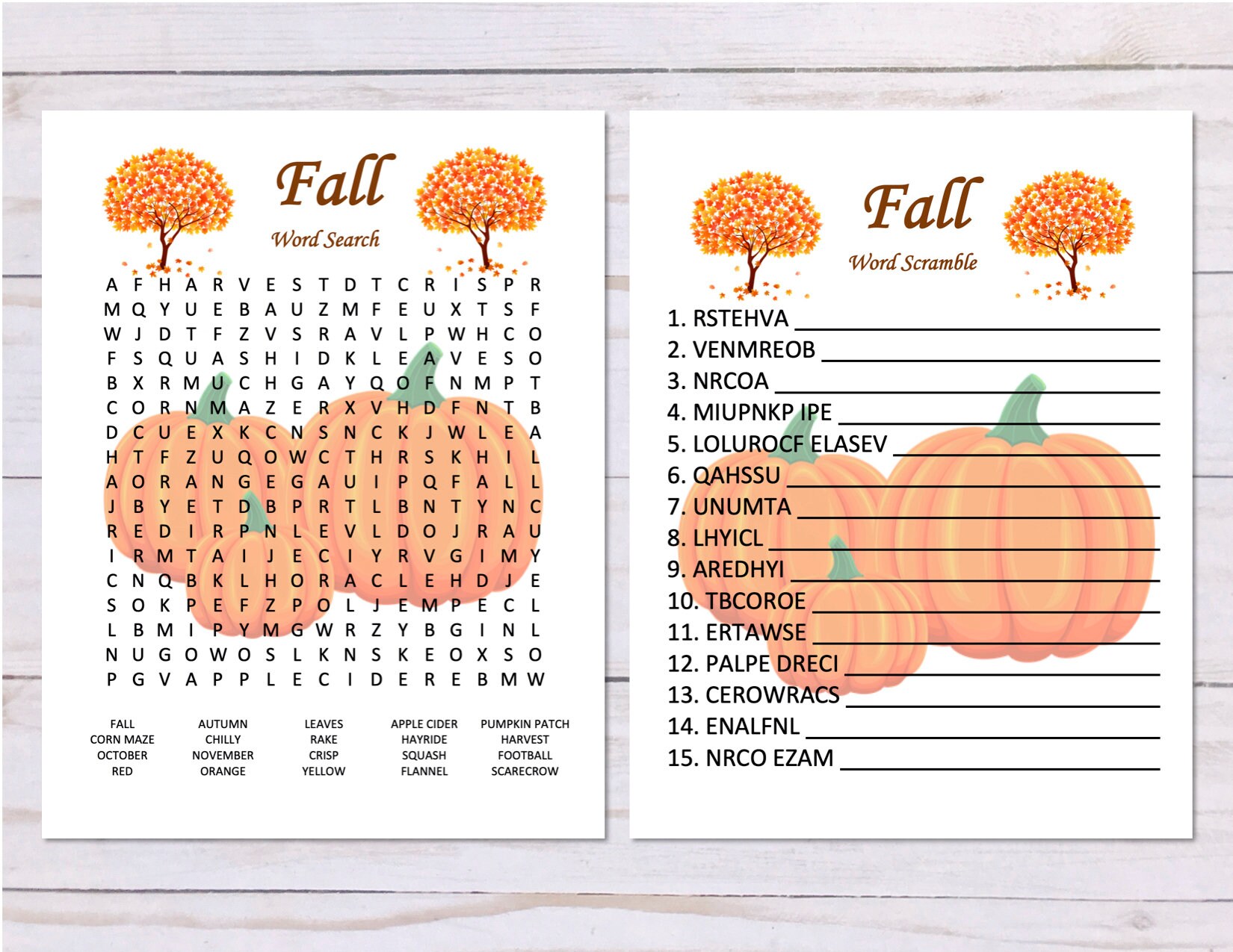 Set of 2 Fall Word Games, Word Search and Word Scramble, Autumn Party ...