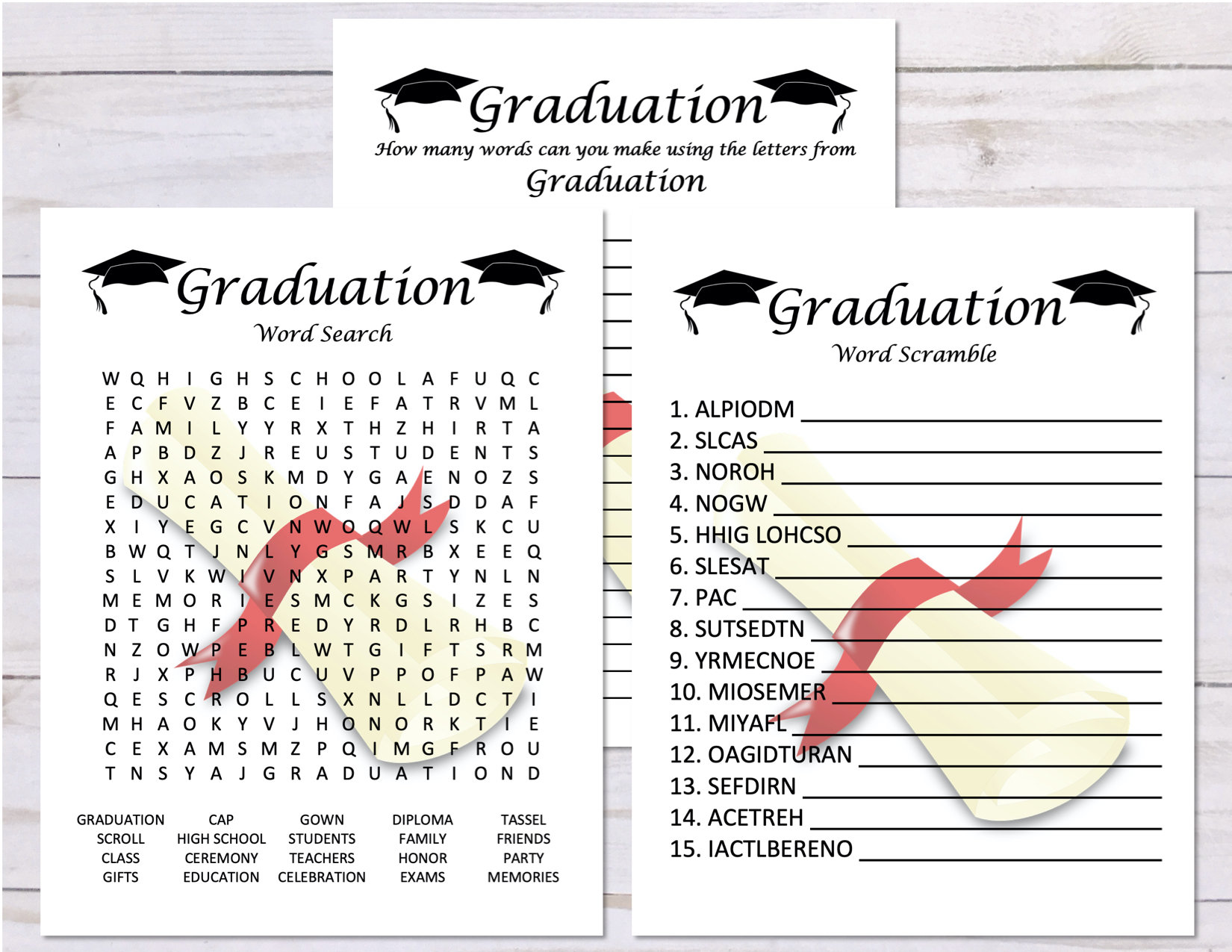 Set of 3 High School Graduation Games Word Search, Word Scramble ...