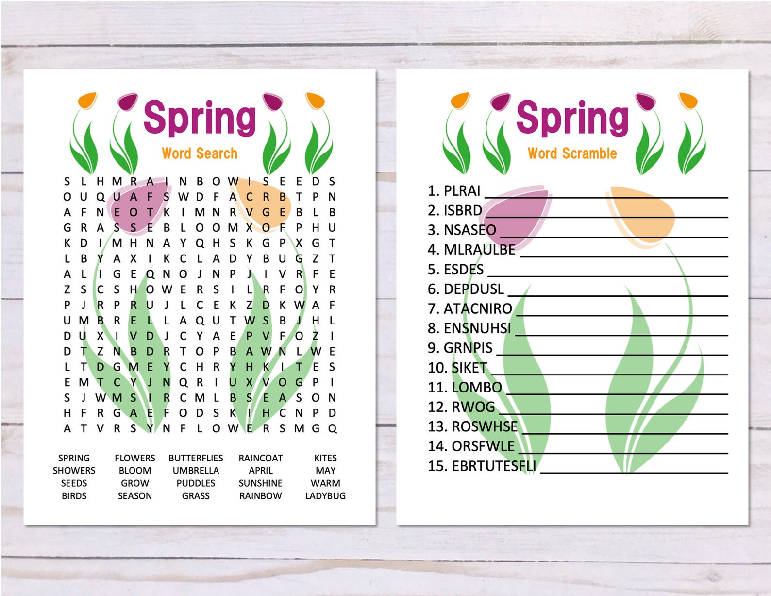 Set of 2 Spring Word Games, Word Search, Word Scramble, Spring Party ...