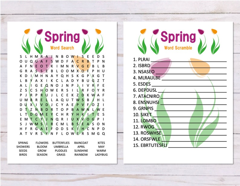 Set of 2 Spring Word Games, Word Search, Word Scramble, Spring Party ...