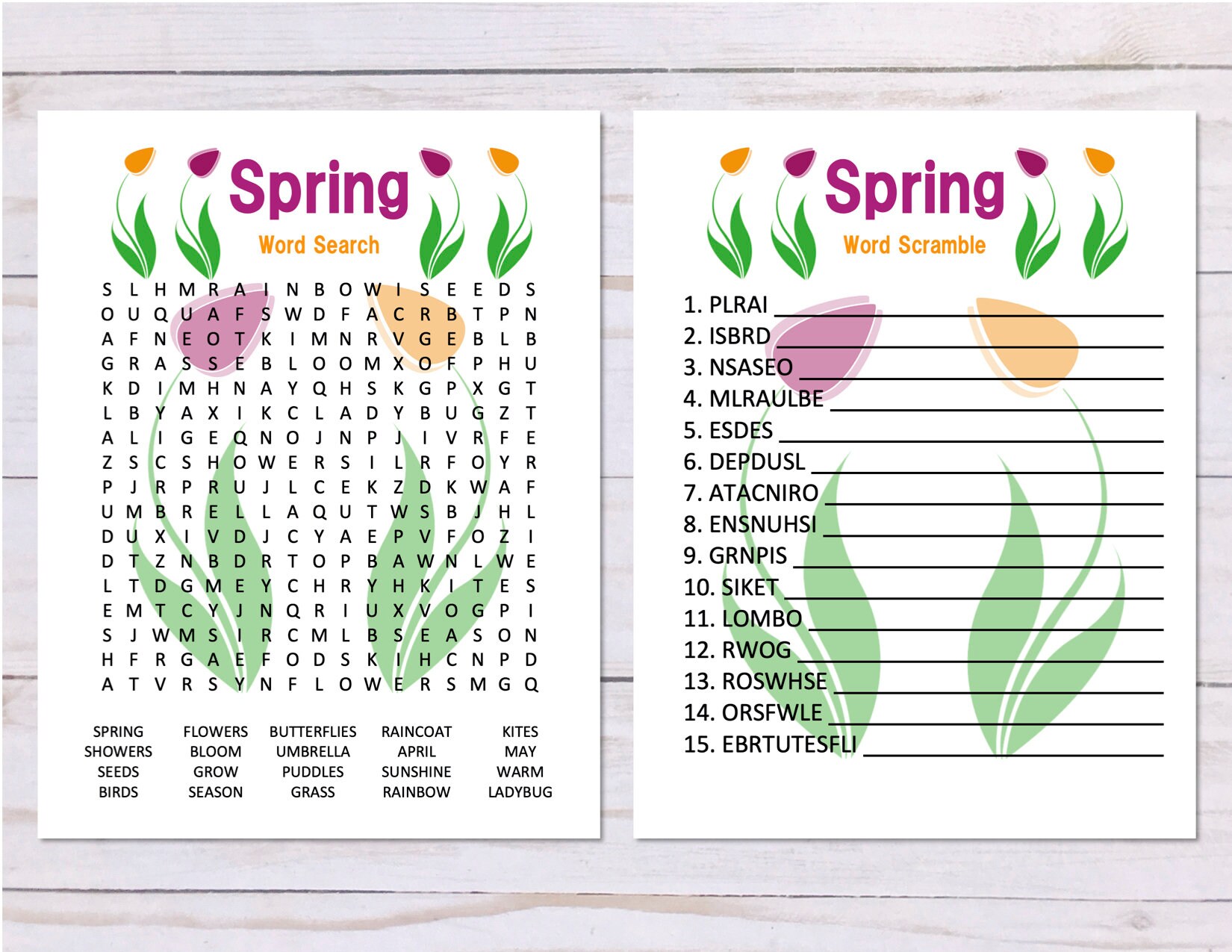 Set of 2 Spring Word Games, Word Search, Word Scramble, Spring Party ...