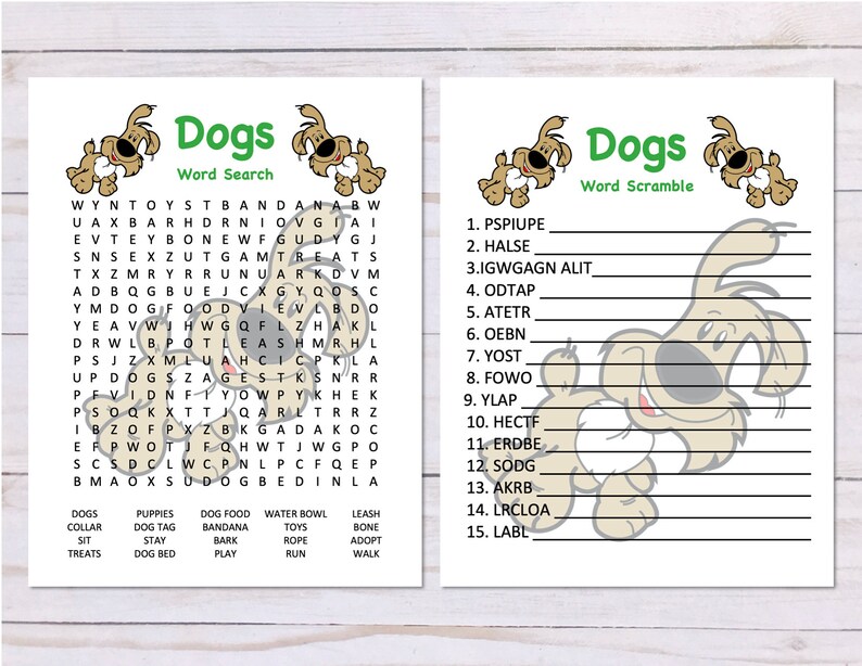 Set of 2 Dog Word Games, Word Search, Word Scramble, Dog Party Game ...