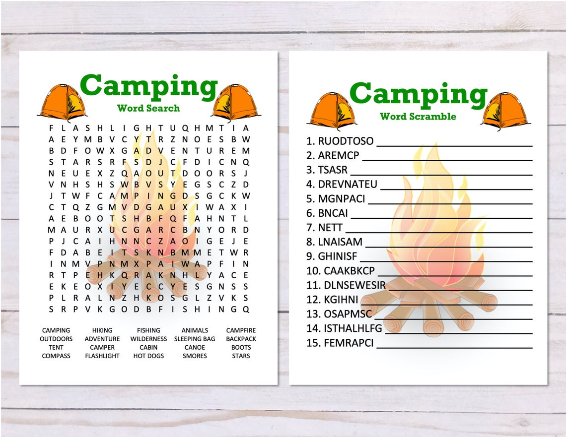 Set of 2 Camping Word Games, Word Search and Word Scramble, Camping ...
