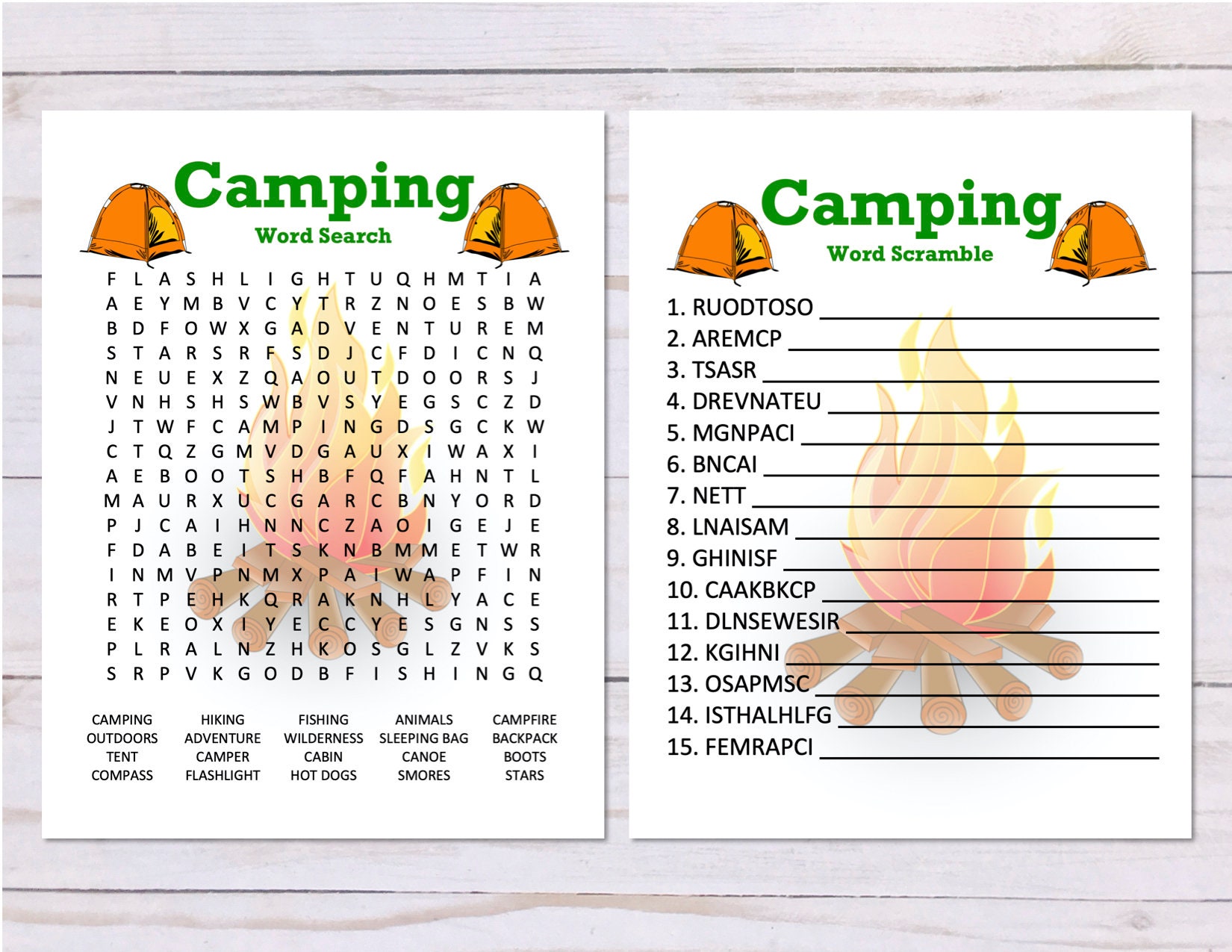 Set of 2 Camping Word Games, Word Search and Word Scramble, Camping ...