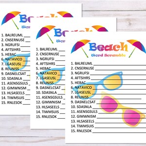 Set of 2 Beach Word Games, Word Search and Word Scramble, Beach Party ...