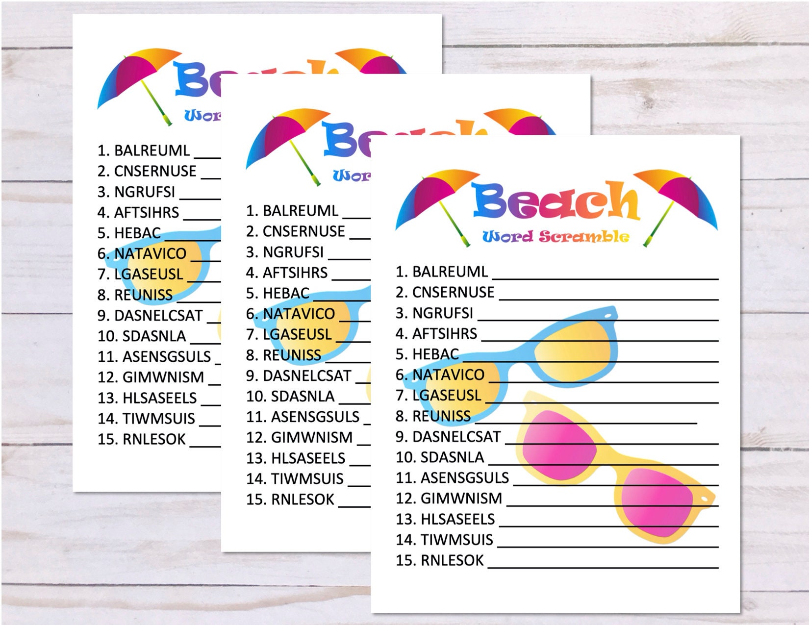 Set of 2 Beach Word Games, Word Search and Word Scramble, Beach Party ...