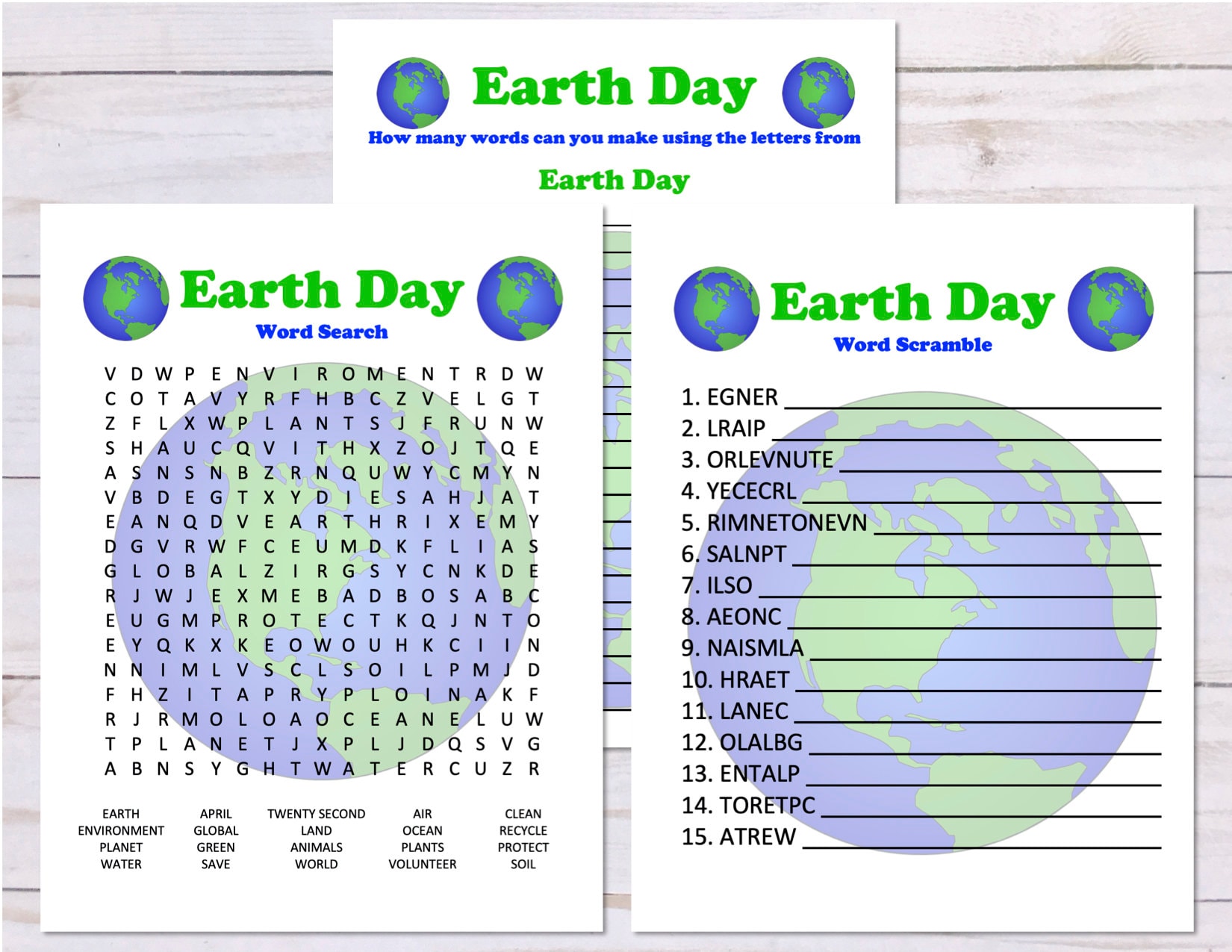 Set of 3 Earth Day Word Games Word Search, Word Scramble, Anagram ...