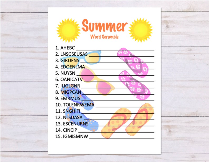 Set of 2 Summer Word Games, Word Search and Word Scramble, Summer Party ...