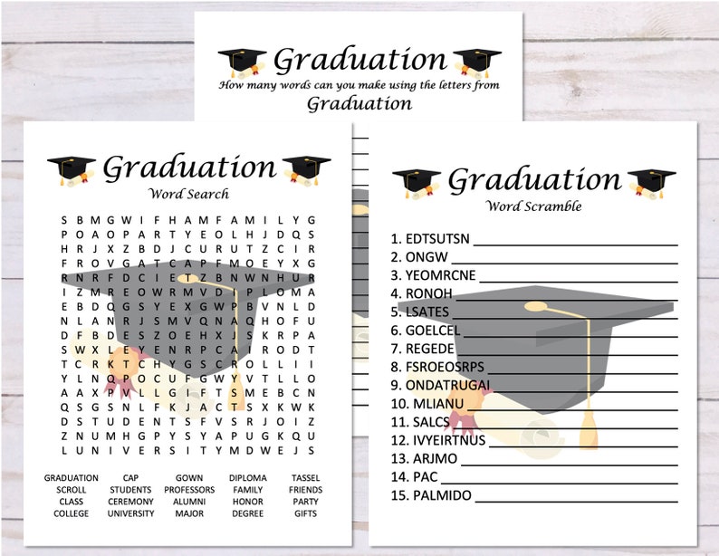 Set of 3 College Graduation Games, Word Search, Word Scramble, Anagram ...