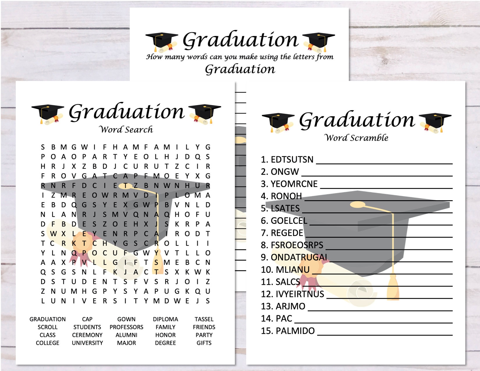 Set of 3 College Graduation Games, Word Search, Word Scramble, Anagram ...