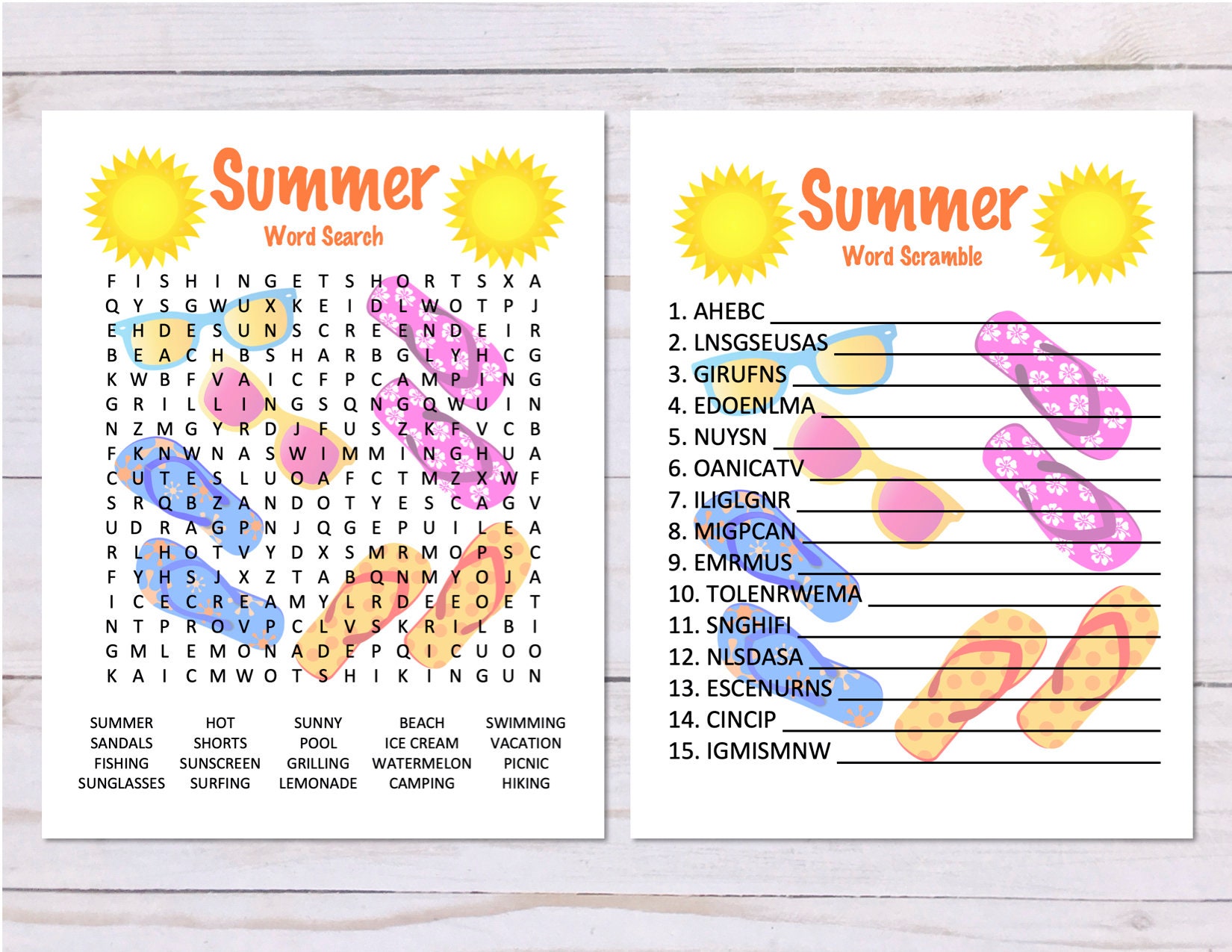 Set of 2 Summer Word Games, Word Search and Word Scramble, Summer Party ...