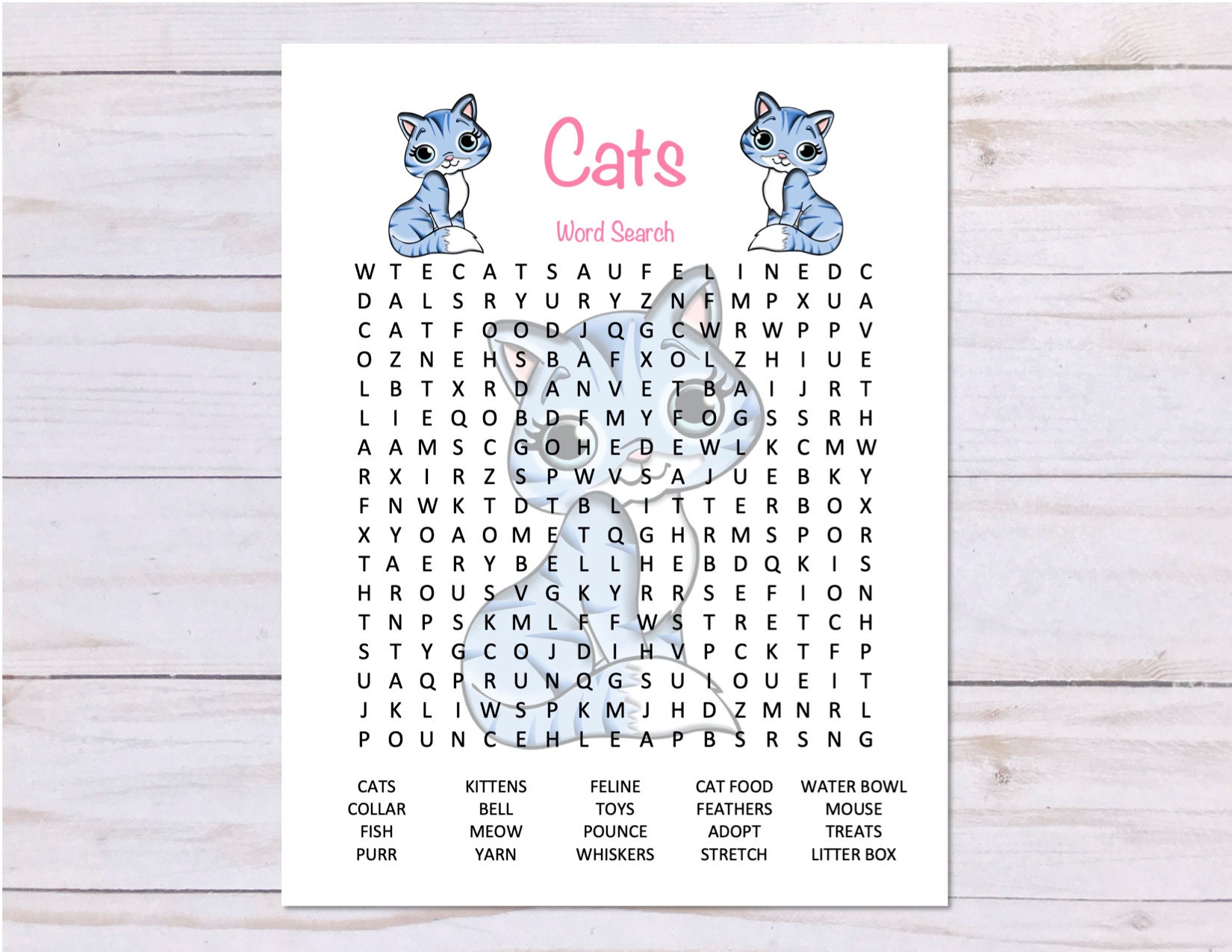 Set of 2 Cat Word Games, Word Search, Word Scramble, Cat Party Game ...