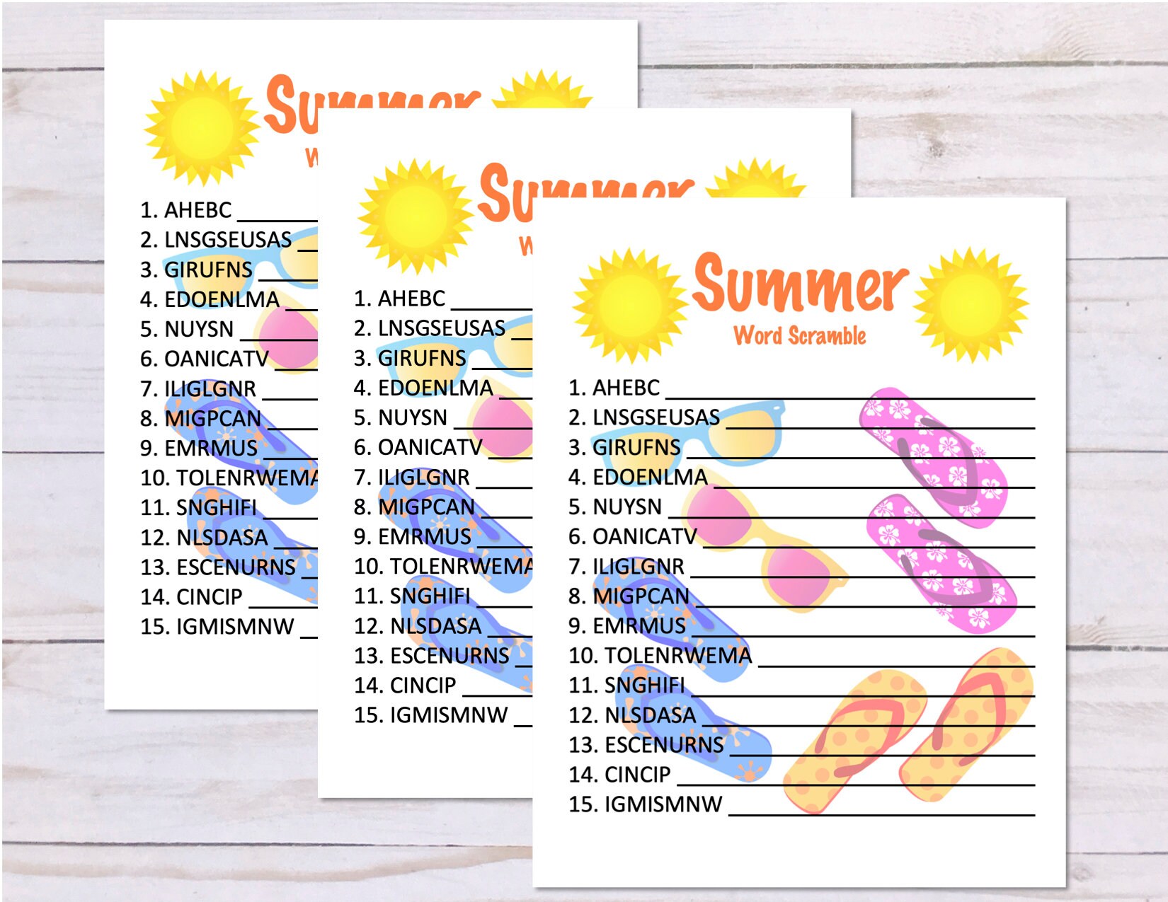 Set of 2 Summer Word Games, Word Search and Word Scramble, Summer Party ...