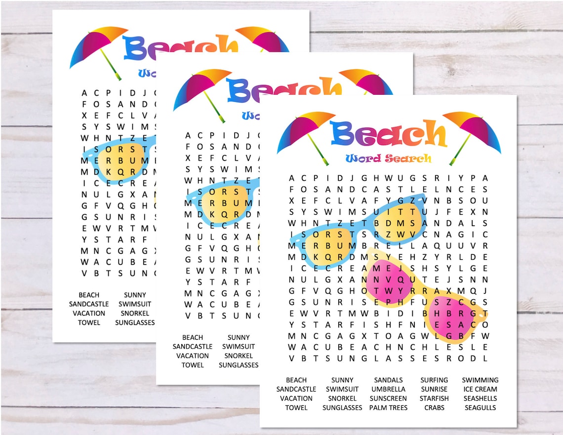 Set of 2 Beach Word Games, Word Search and Word Scramble, Beach Party ...