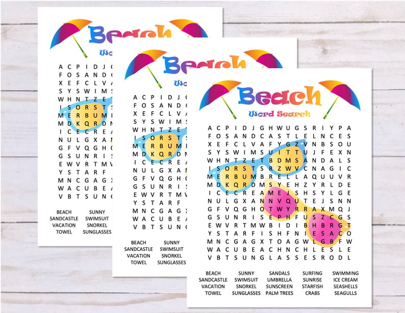 Set of 2 Beach Word Games, Word Search and Word Scramble, Beach Party ...