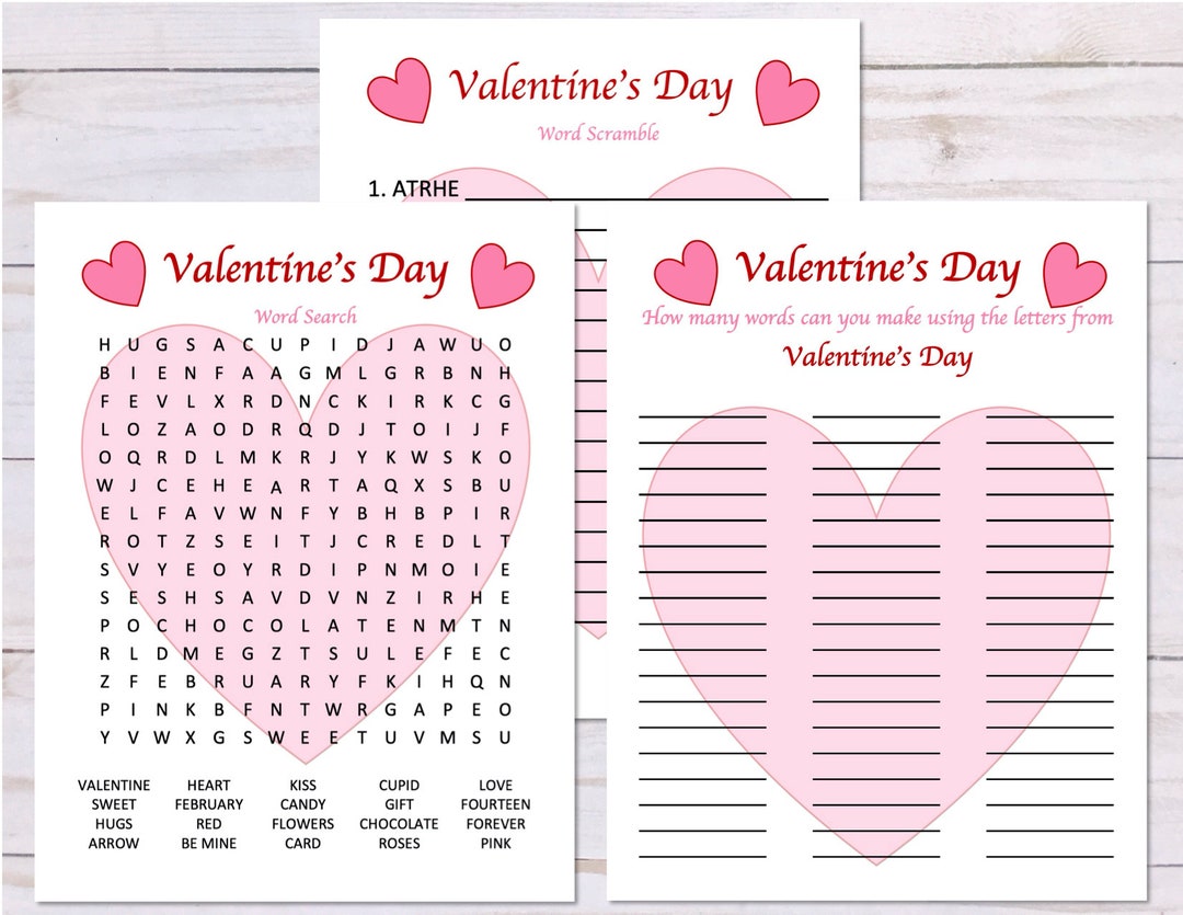Set of 3 Valentine's Day Games, Word Search, Word Scramble, and Anagram ...