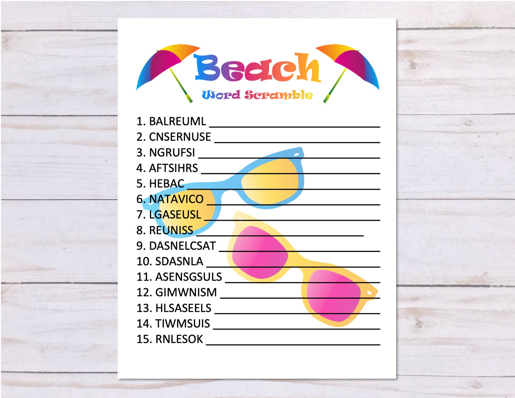 Set of 2 Beach Word Games, Word Search and Word Scramble, Beach Party ...