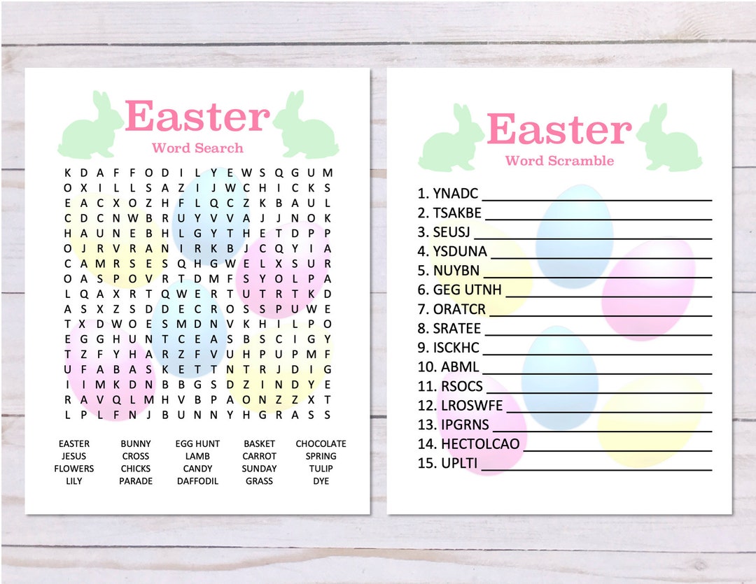 Set of 2 Easter Word Search Game, Easter Word Scramble, Easter Party ...
