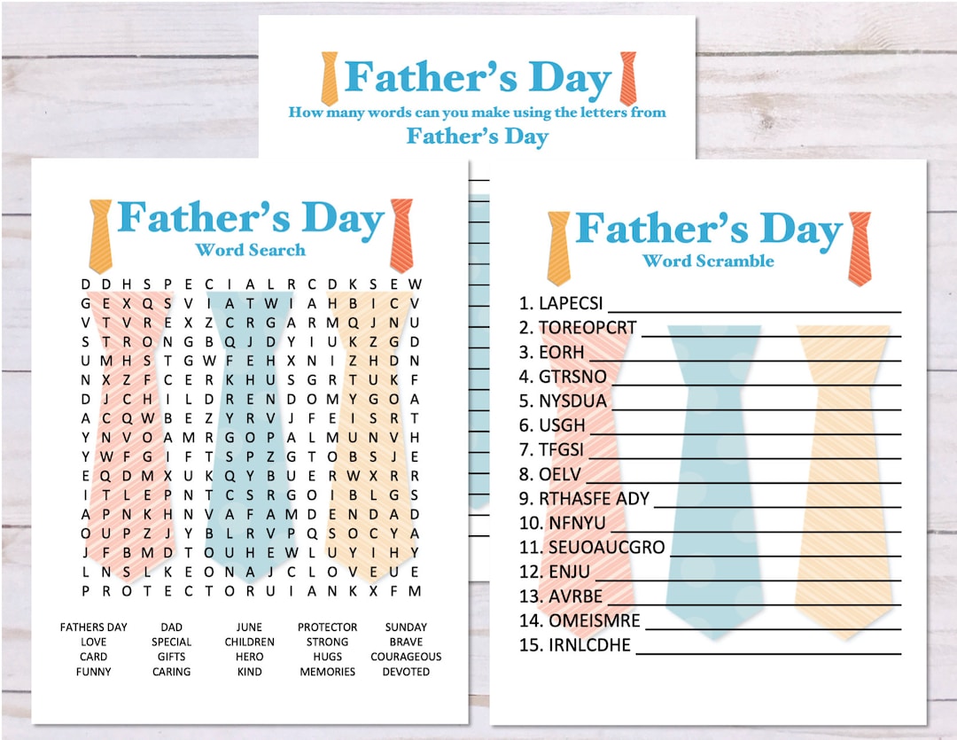 Set of 3 Father's Day Word Games, Word Search, Word Scramble, Anagram ...