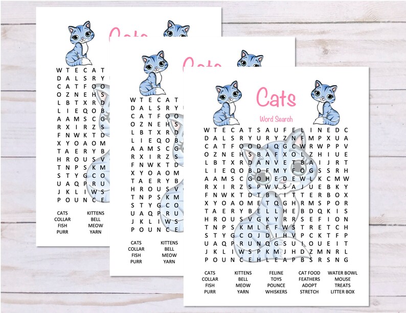 Set of 2 Cat Word Games, Word Search, Word Scramble, Cat Party Game ...